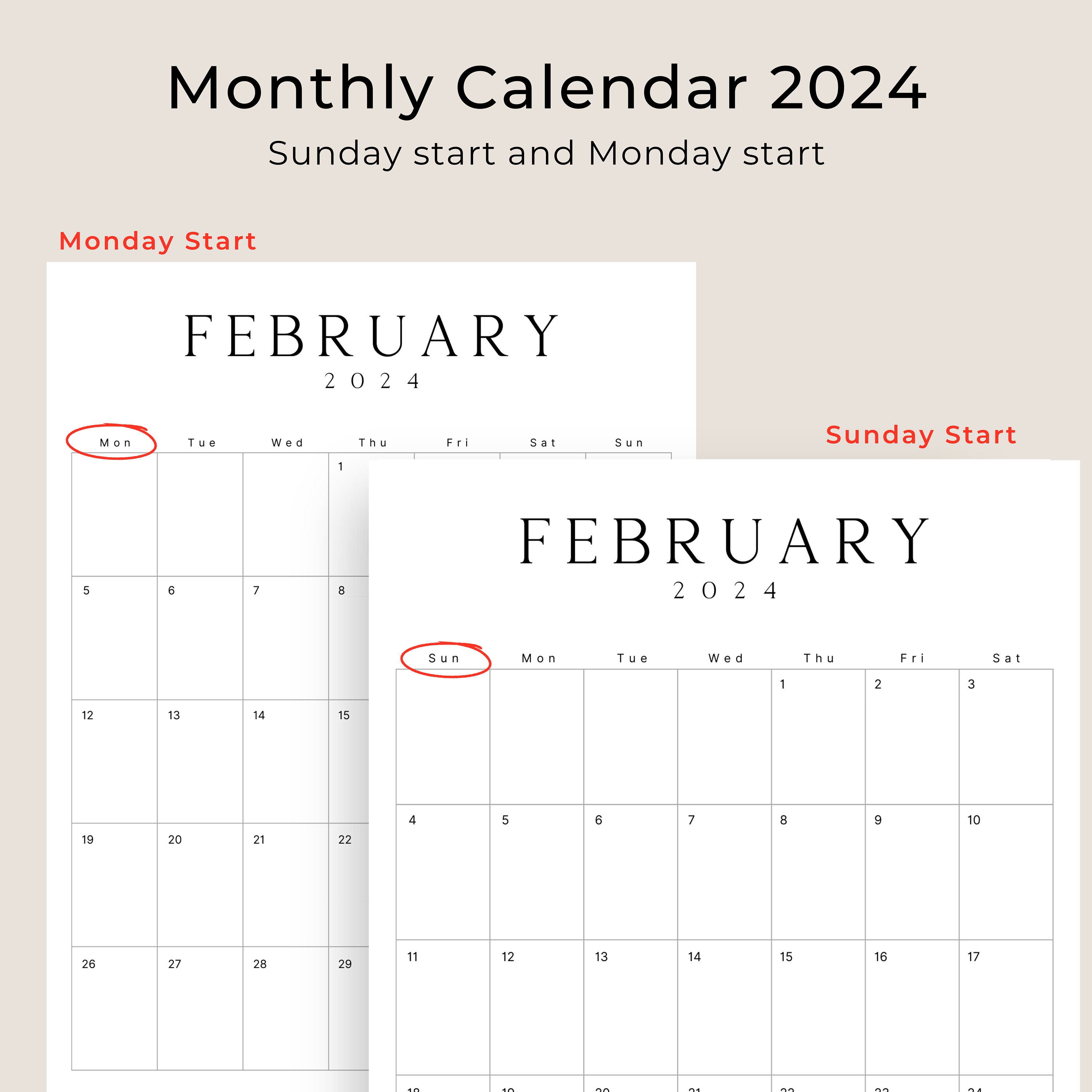 2024 Calendar 2024 Monthly Planner Portrait Sunday & Monday Start 2024 ...