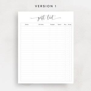 Gift List Printable Gift Ideas Gift Shopping List Present List Birthday ...
