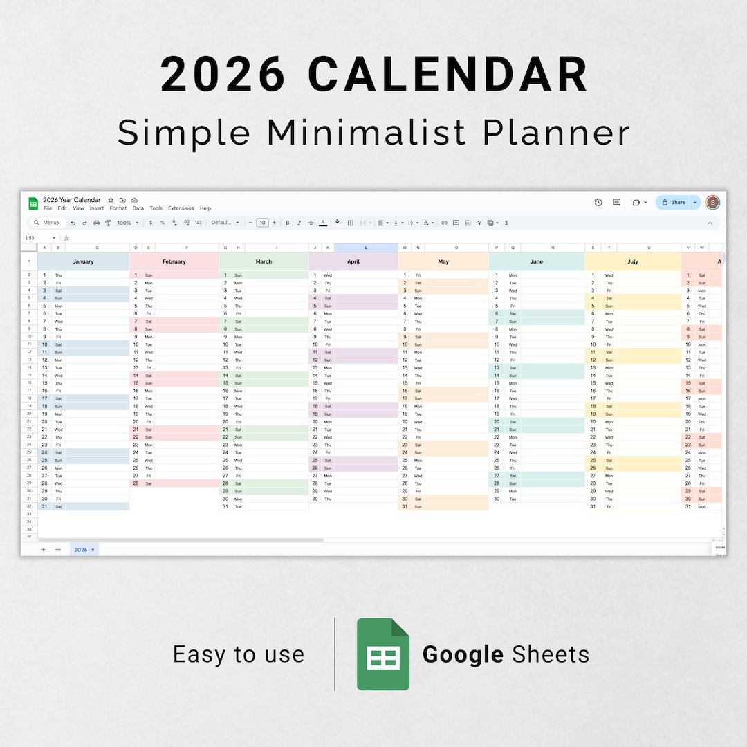2026 Calendar Google Sheets Template Editable Monthly Digital Planner ...