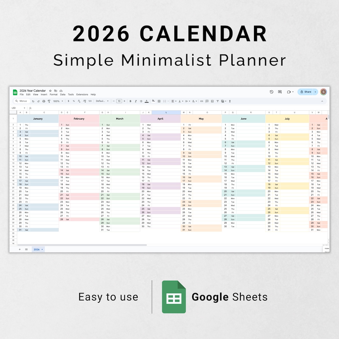 2026 Calendar Google Sheets Template Editable Monthly Digital Planner Minimalist Yearly ...