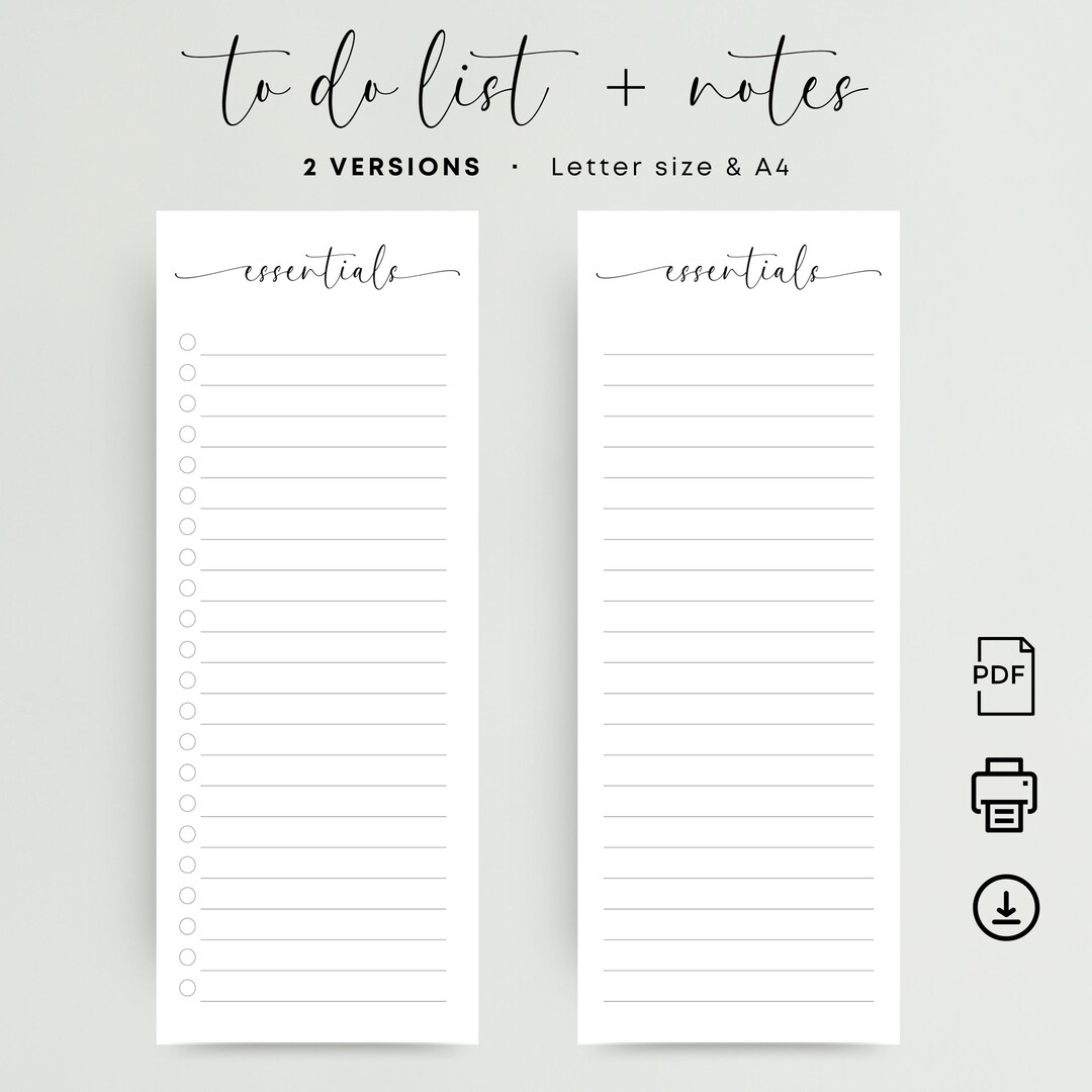 To Do List & Notes Printable PDF Essentials List Slim Daily to Do List ...