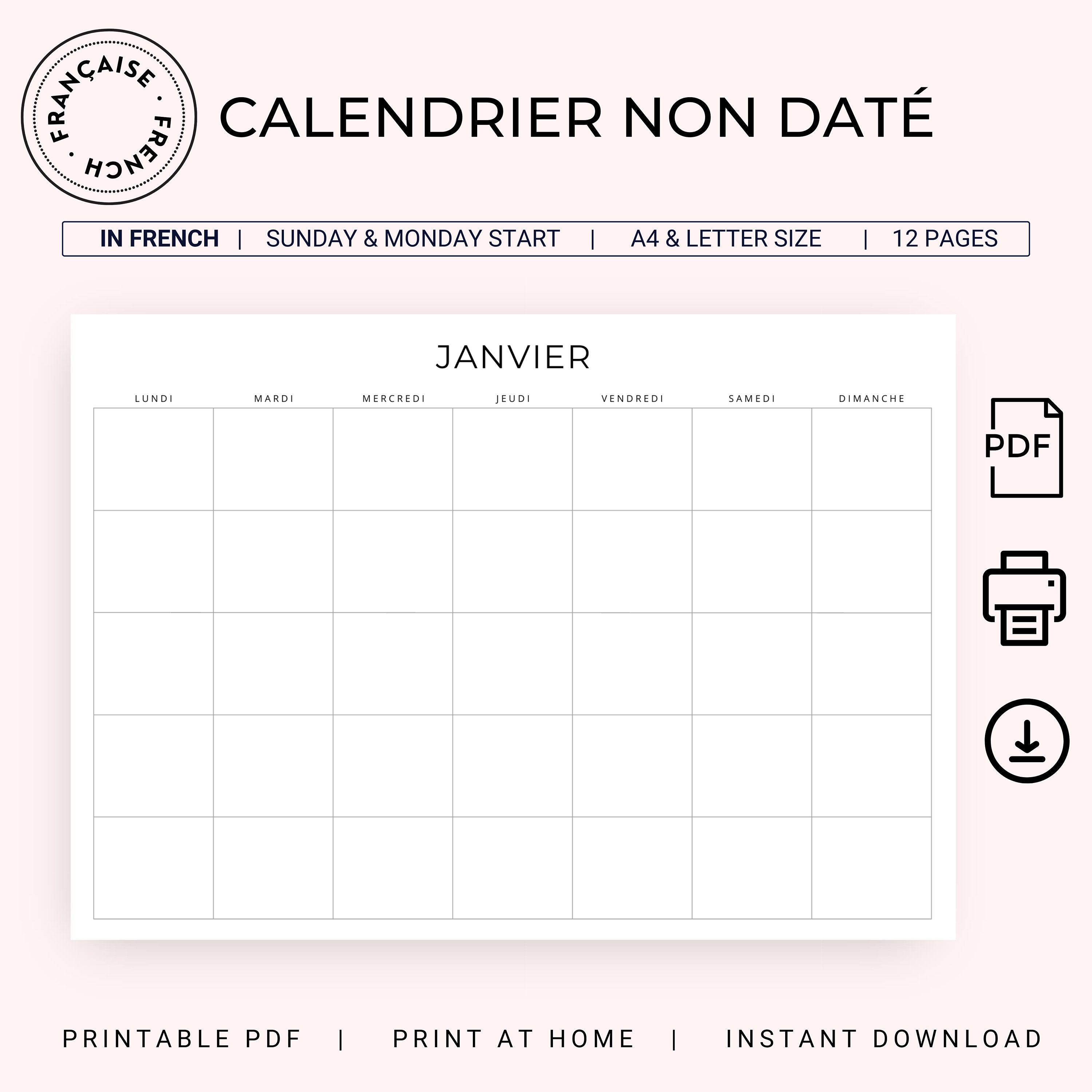 Calendrier Non Daté Calendrier Mensuel Calendrier Français Undated ...