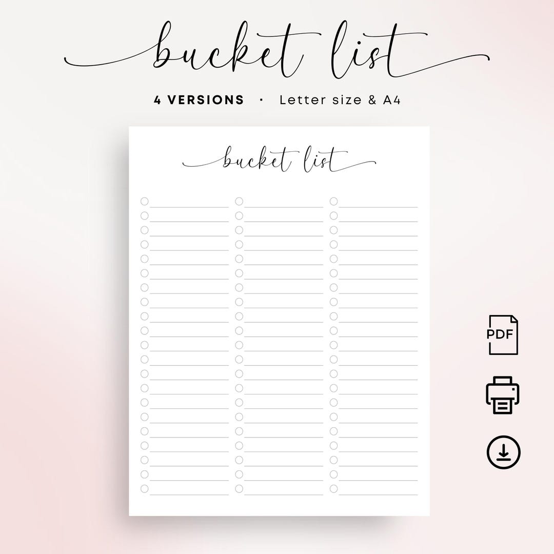 Bucket List Printable PDF Dream List Life Goals List Wish List Tracker ...