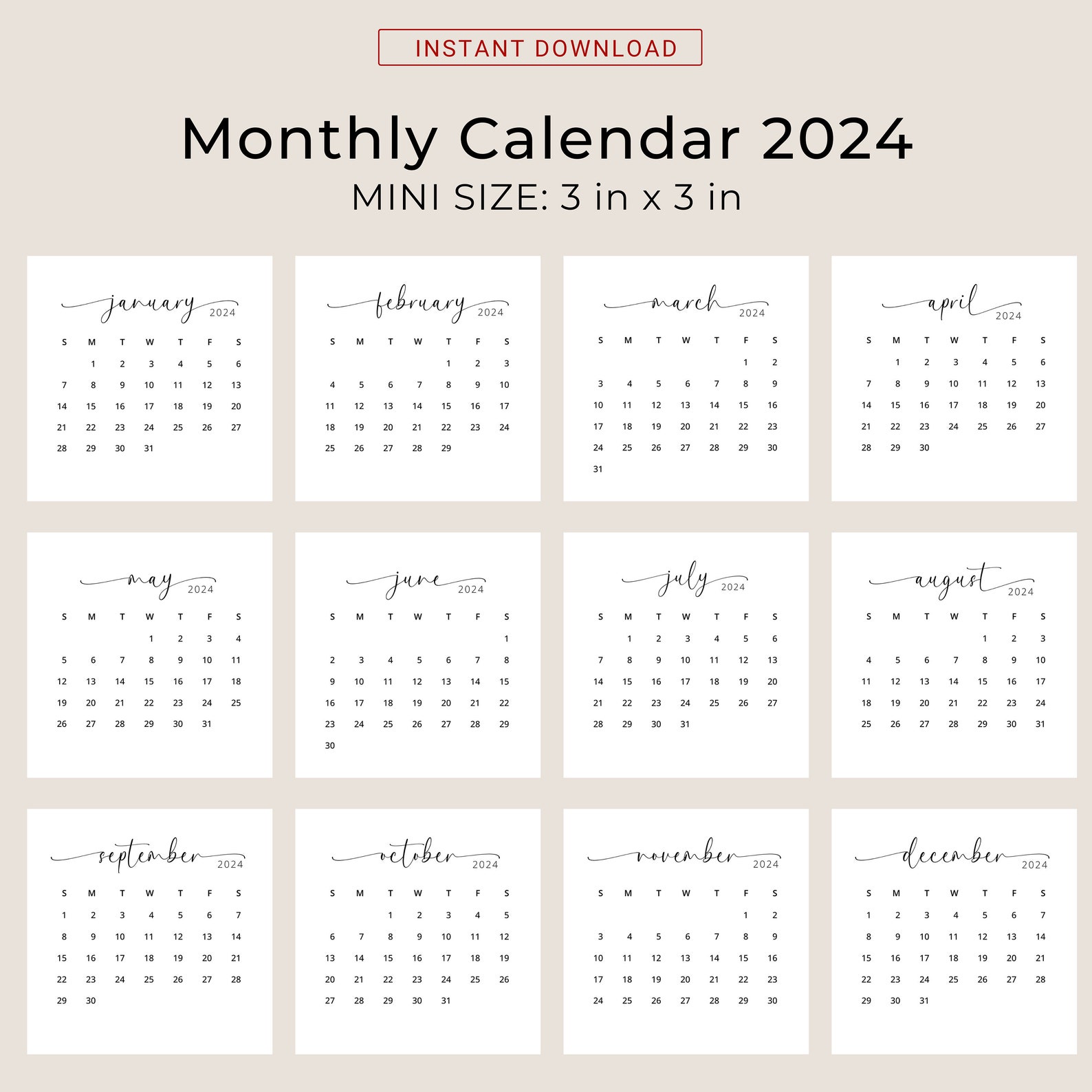 3x3 Mini Calendar 2024 Calendar 2024 Card Calendar Square Printable ...