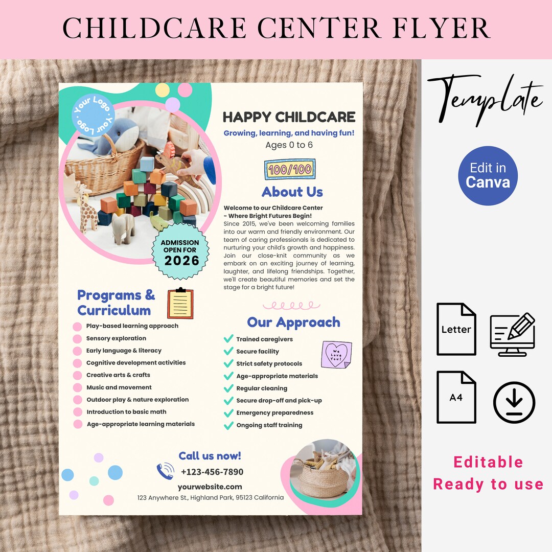 Editable Childcare Flyer Template Preschool Daycare Leaflet Preschool ...