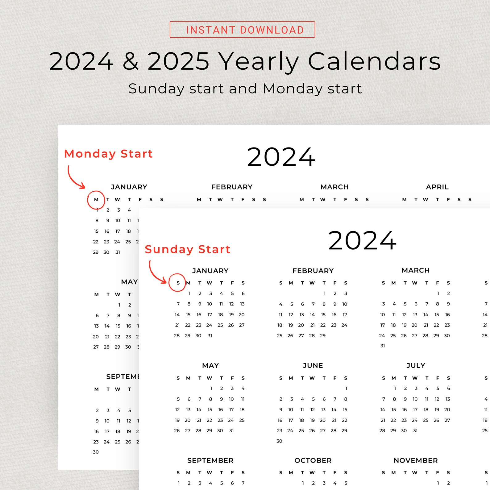 2024 2025 Yearly Calendar 2024 & 2025 Calendar PRINTABLE Wall Calendar 2 Years Minimalist Desk ...