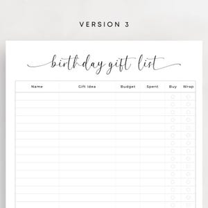 Birthday Gift List Printable Birthday Present List Birthday Reminder ...