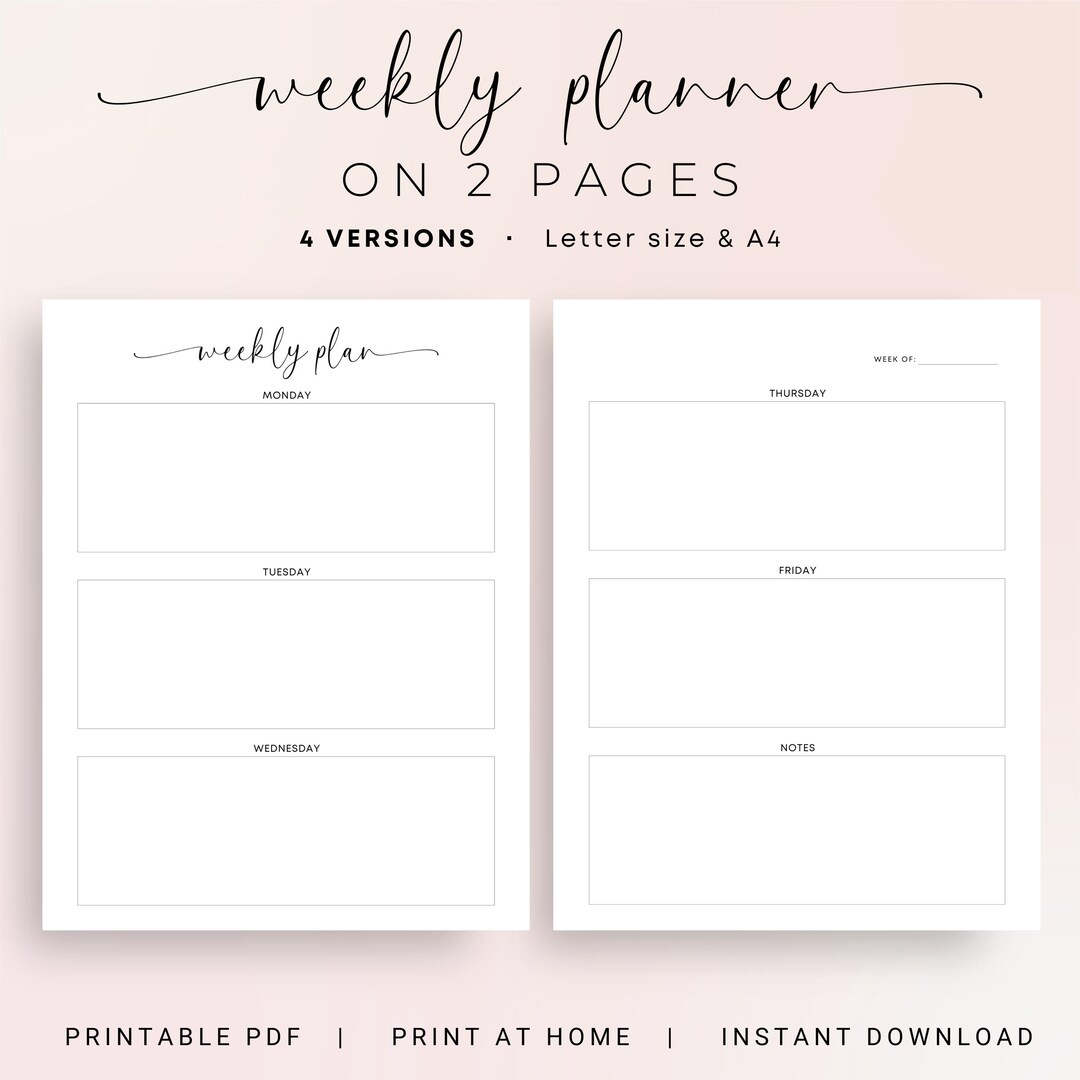 Week on 2 Pages Planner Printable Weekly Planner Layout Weekly Schedule ...