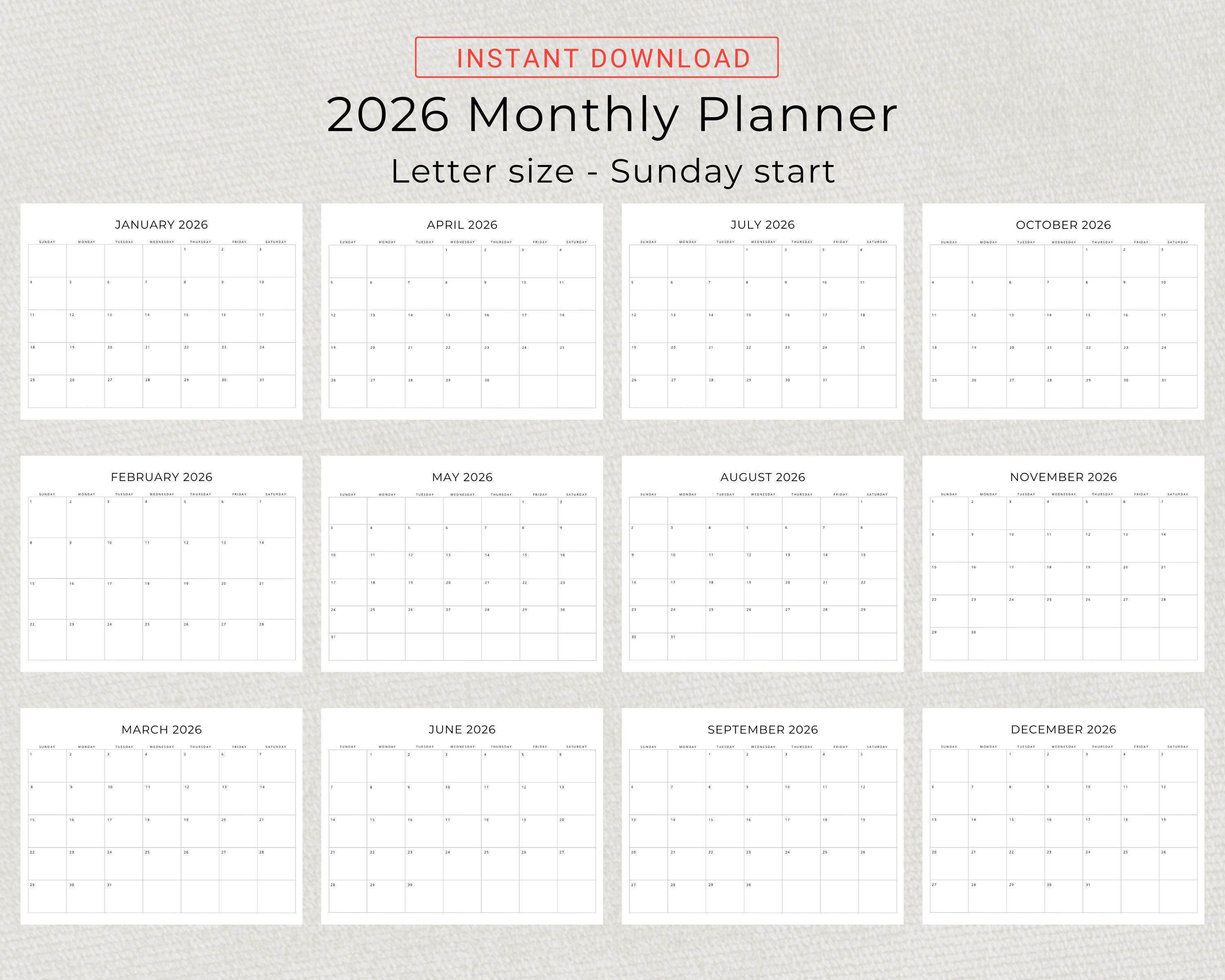 2026 Monthly Calendar Printable 2026 Monthly Calendar Printable
