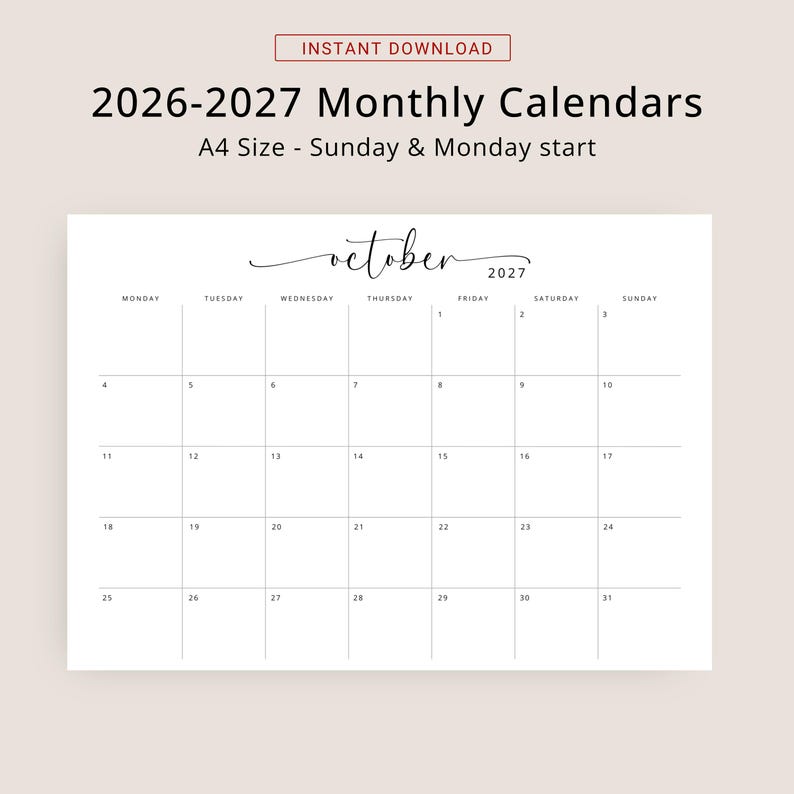 2026-2027 Calendar 2026 2027 Monthly Planner Landscape Elegant ...