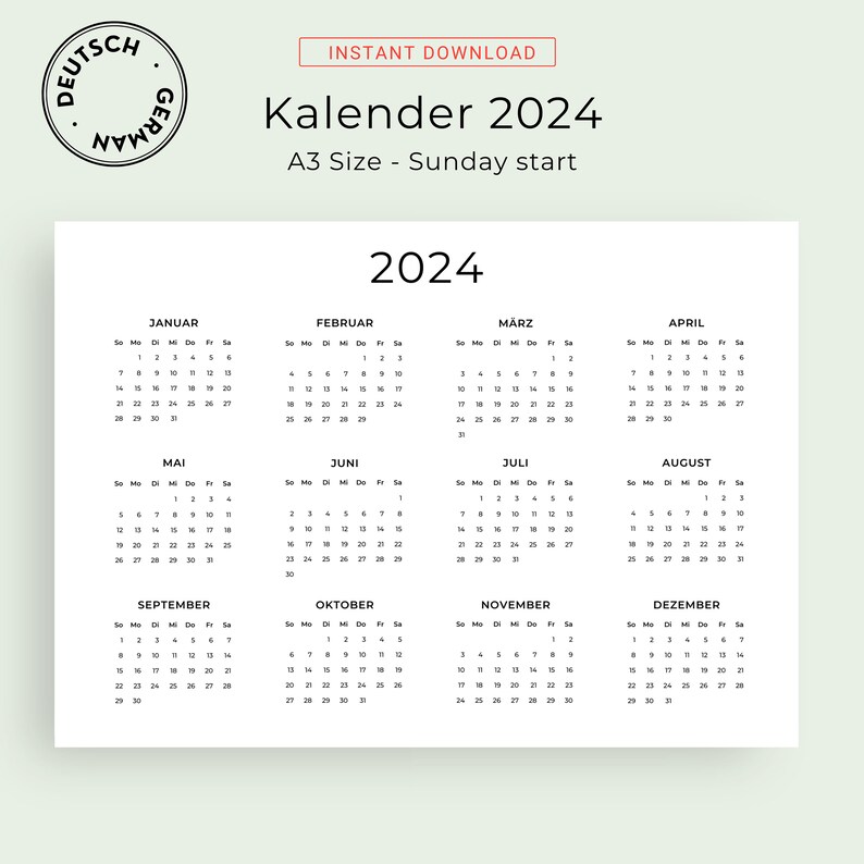 Kalender 2024 Kalender Deutsch Jahreskalender 2024 Yearly Calendar 2024 ...