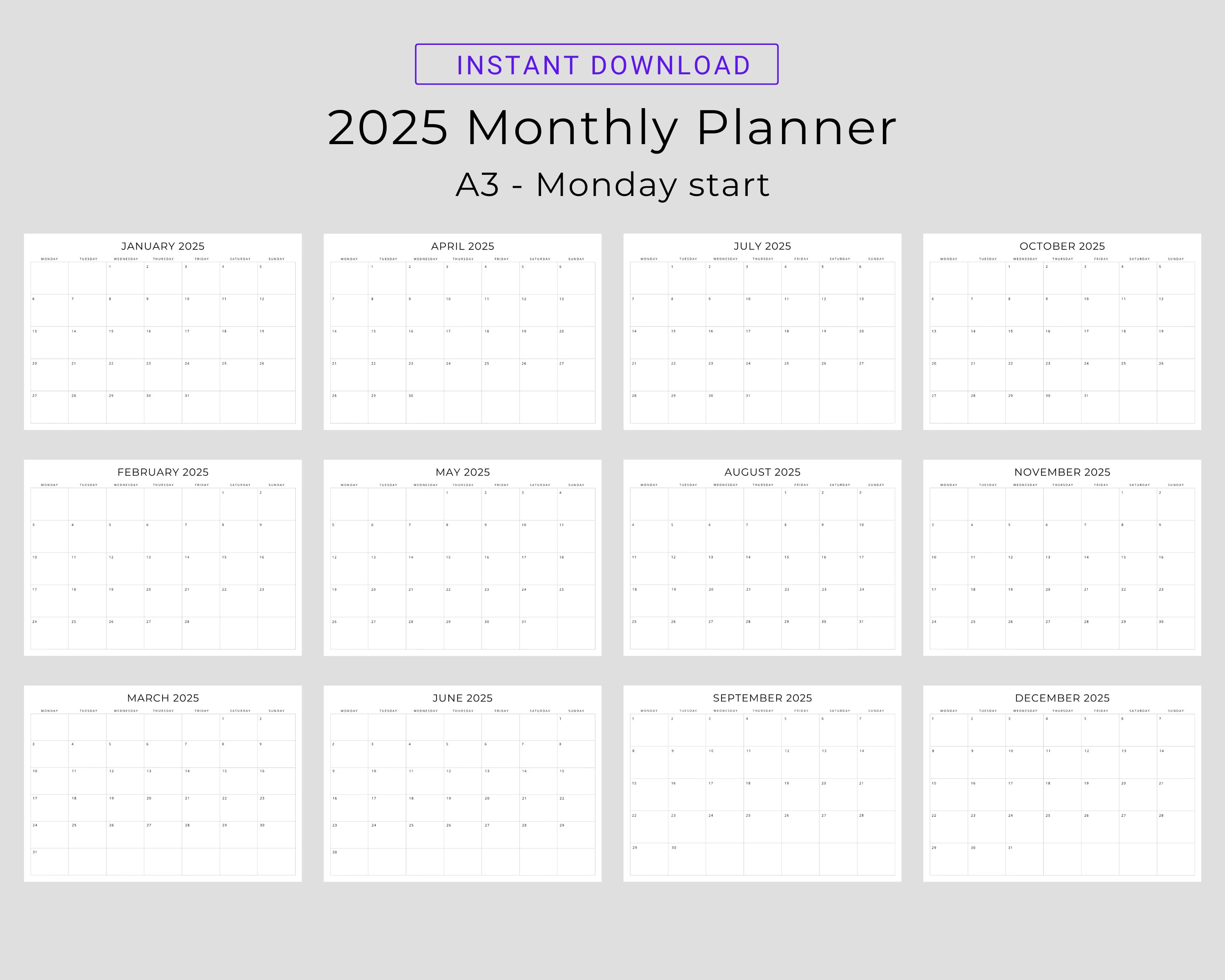 2025 Monthly Planner A3 Landscape Minimal Planner Black and White 2025 ...