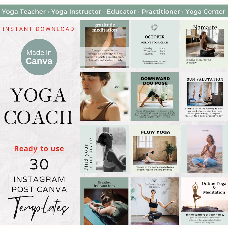 30 Yoga Coach Instagram Post Canva Template Yoga Studio Social Media ...