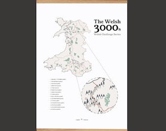 The Welsh 3000s Colour Snowdonia, Wales, UK Hiking Trail Map Art Print ...