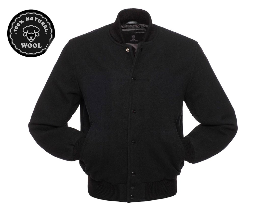 Classy Black Varsity Jacket Full Black Wool Letterman Jersey Baseball ...