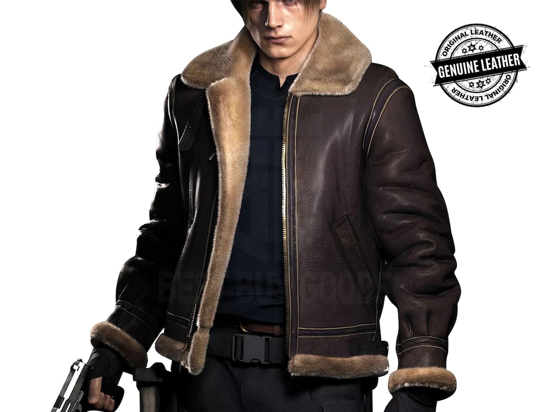 Resident Evil 4 Remake Leon Kennedy Brown Leather Jacket, RE 4 Fur ...