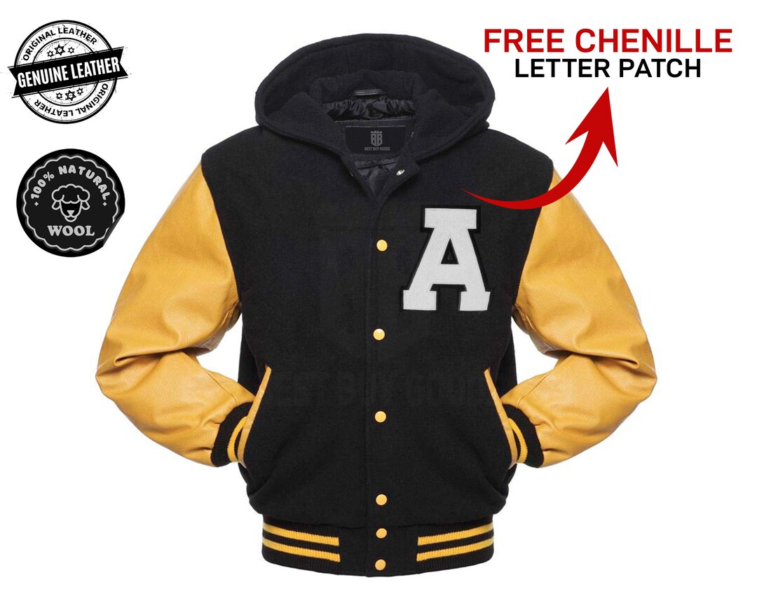 Yellow and Black Hooded Varsity Custom Jacket Personalized Letter Patch ...