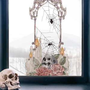 Gothic Halloween Window Sticker - Candles With Mirror Spider Webs and ...