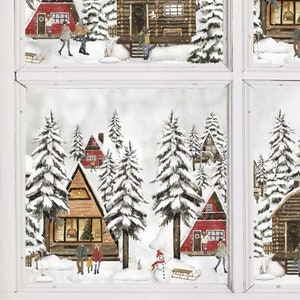 Winter Window Decal - Cabins in Snowy Forest Village Scene Window ...