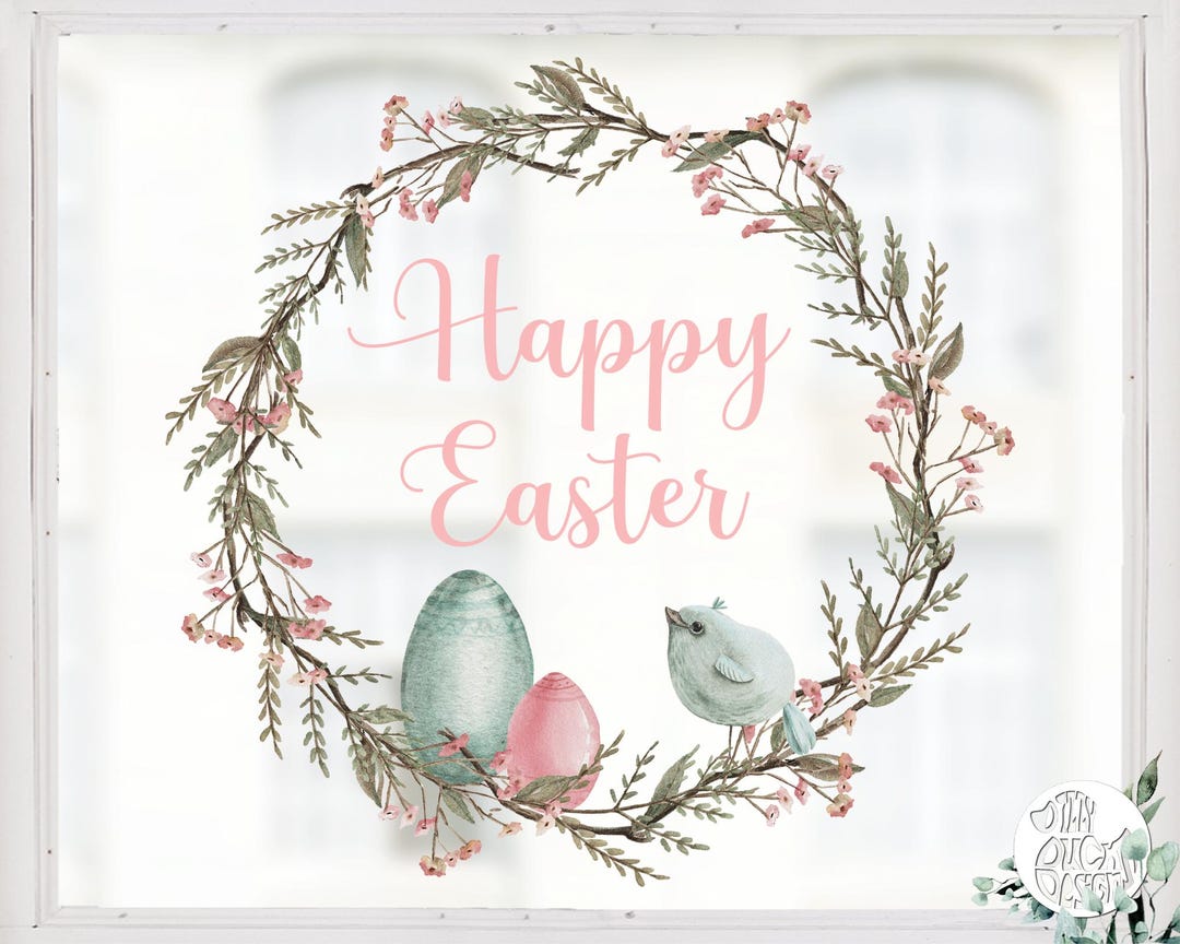 Happy Easter Pastel Flower Window Decal Wreath - Easter Egg Floral ...