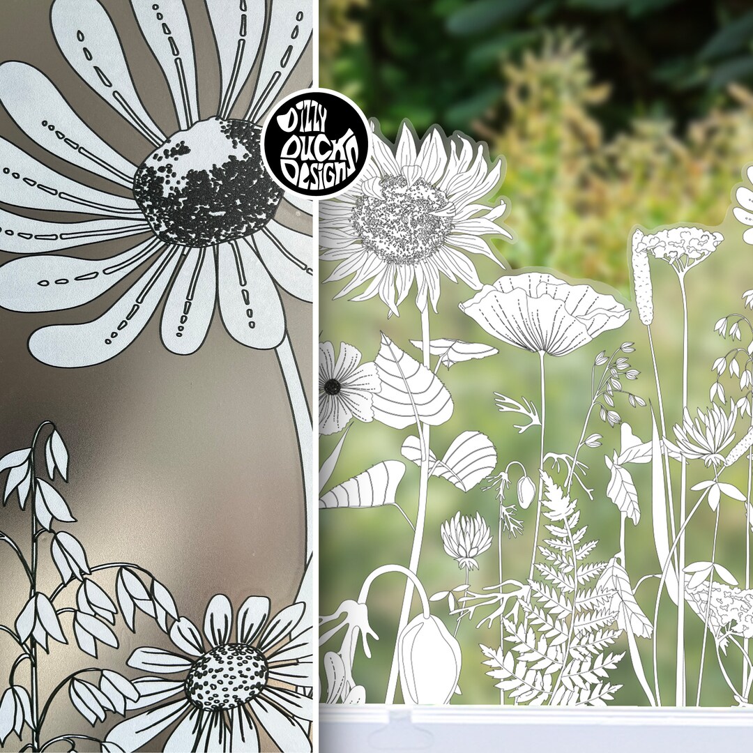 Retro Floral Frosted Window Decal Border - Black and White Flower ...