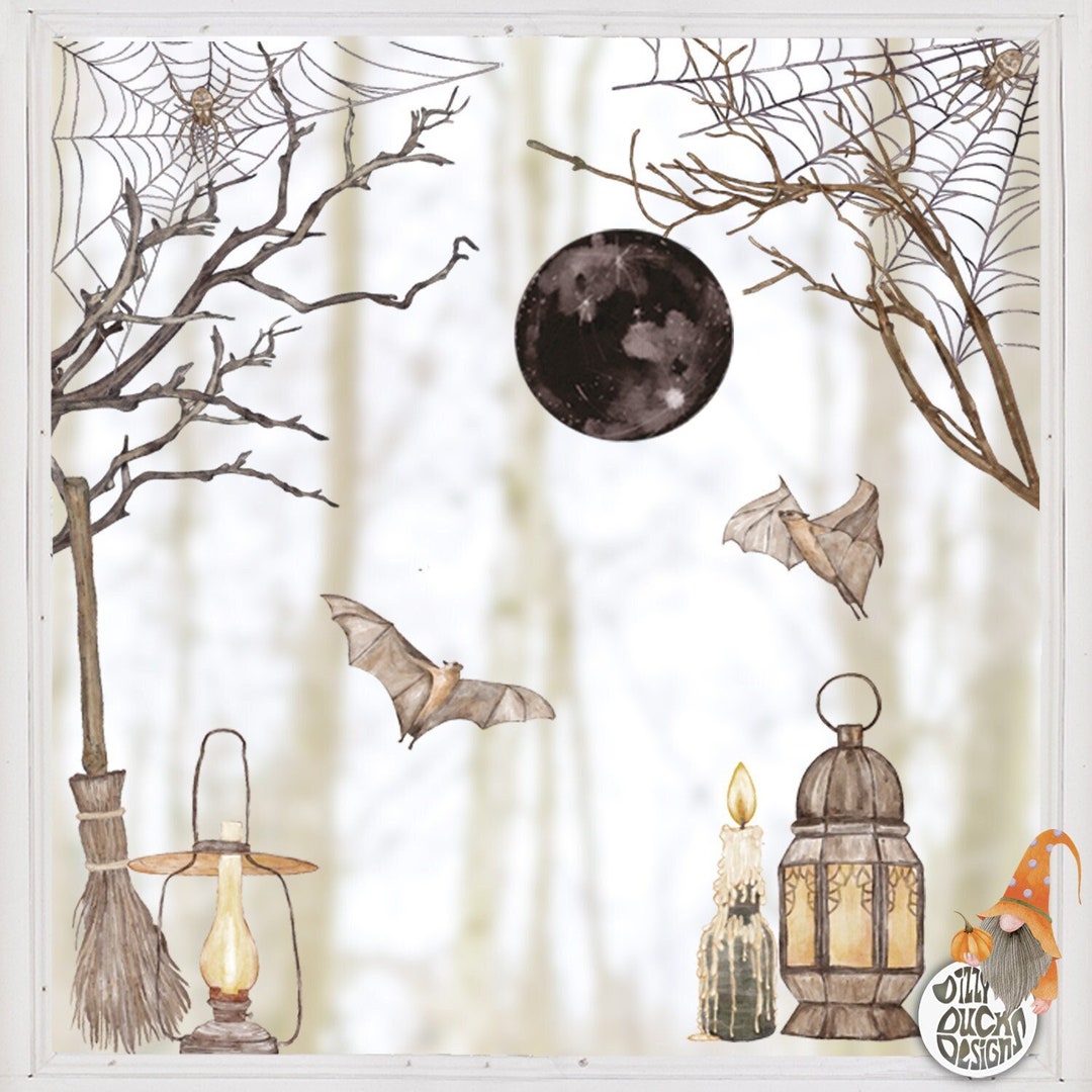 Spooky Window Decals - Spider Webs Bats Lanterns Autumn Fall Window ...