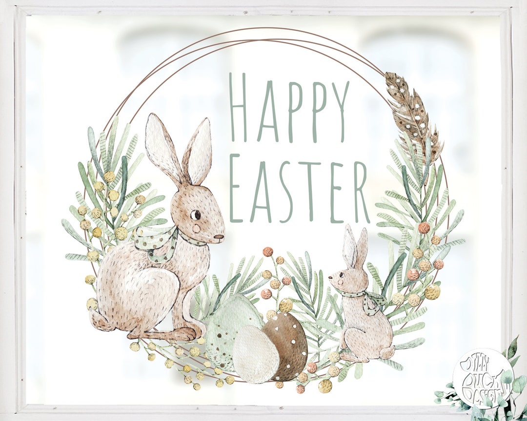 Happy Easter Wreath Window Decal Easter Egg Rabbit Spring Flower Wreath ...