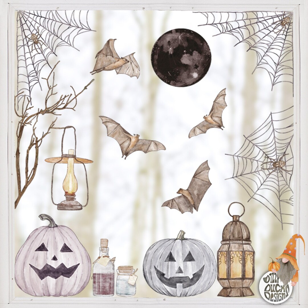 Halloween Window Clings - Spiders Web Bats Pumpkins Lanterns Window ...