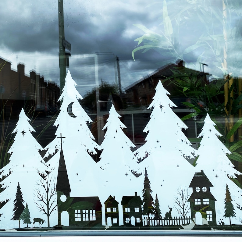 Christmas Village Window Decal Cling Trees Village Scene - Etsy UK
