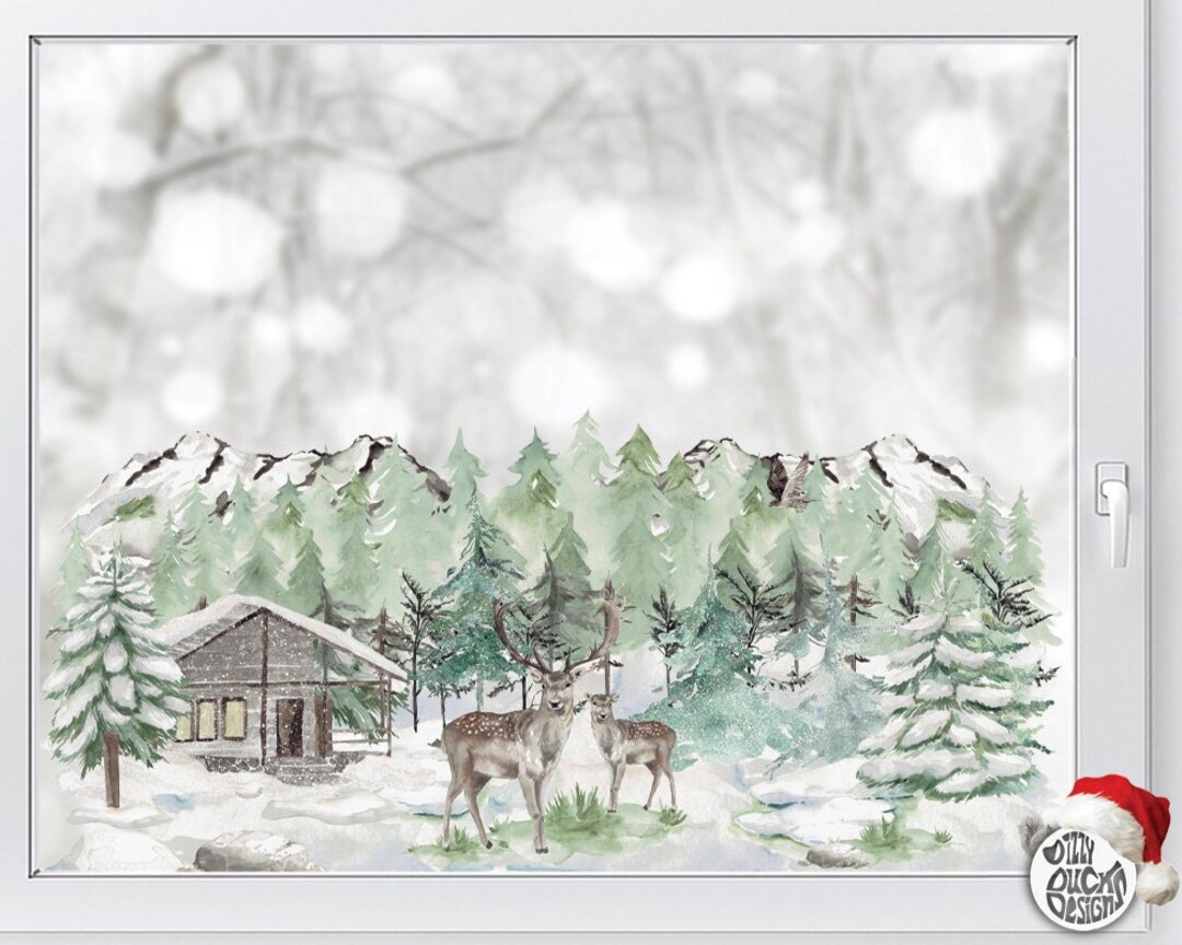Winter Forest Scene Deer Window Decal - Nordic Watercolour Classy ...
