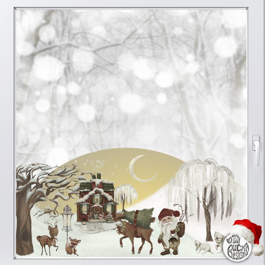 Vintage Christmas Gnome Window Decal - Classy Watercolour Winter Scene ...