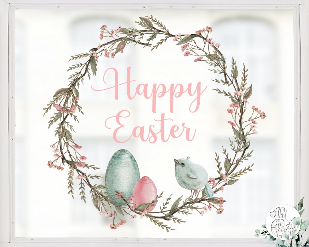 Happy Easter Window Cling Pink Blue Floral Spring Window Display Pastel ...