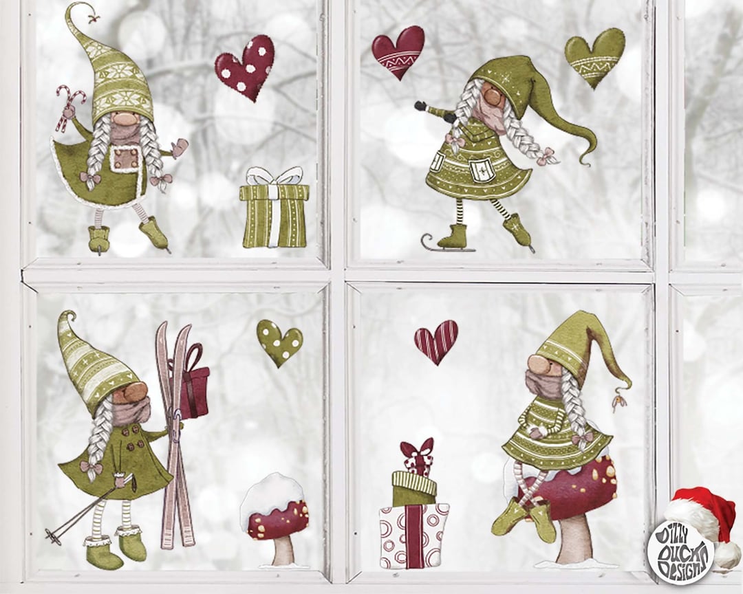 Christmas Gnome Window Decal Set - Green Girl Gonk Xmas Window Cling ...