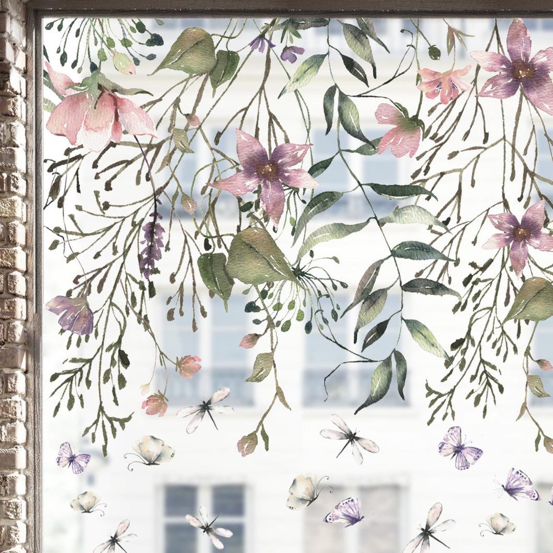 Summer Flowers Top Border Window Decal - Decorative Pink Purple Floral ...