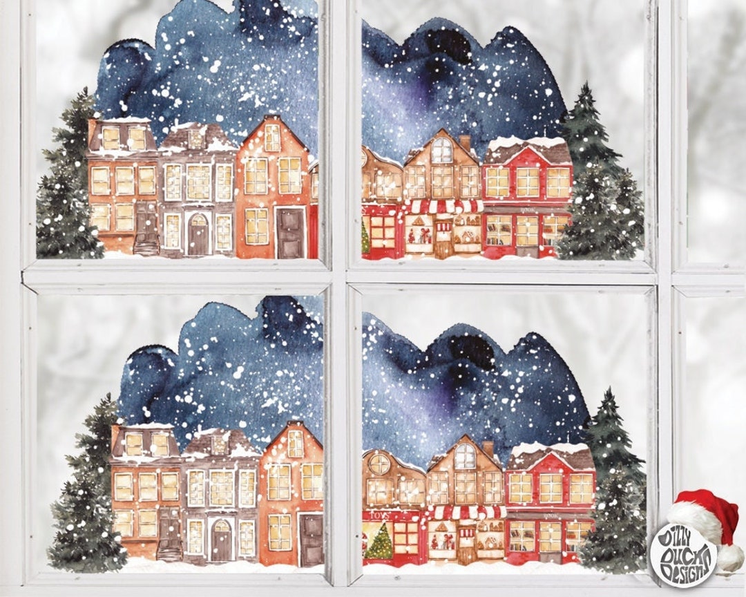 Christmas Village Scene Window Decal - Winter Town Houses Window ...