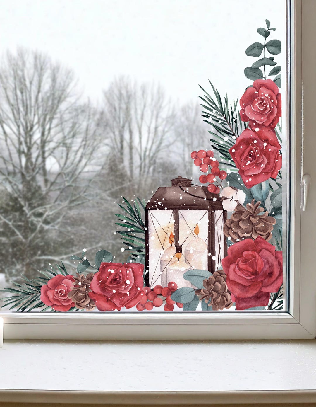 2x Dizzy Duck Winter Roses Lantern Window Decal Corners - Reusable ...