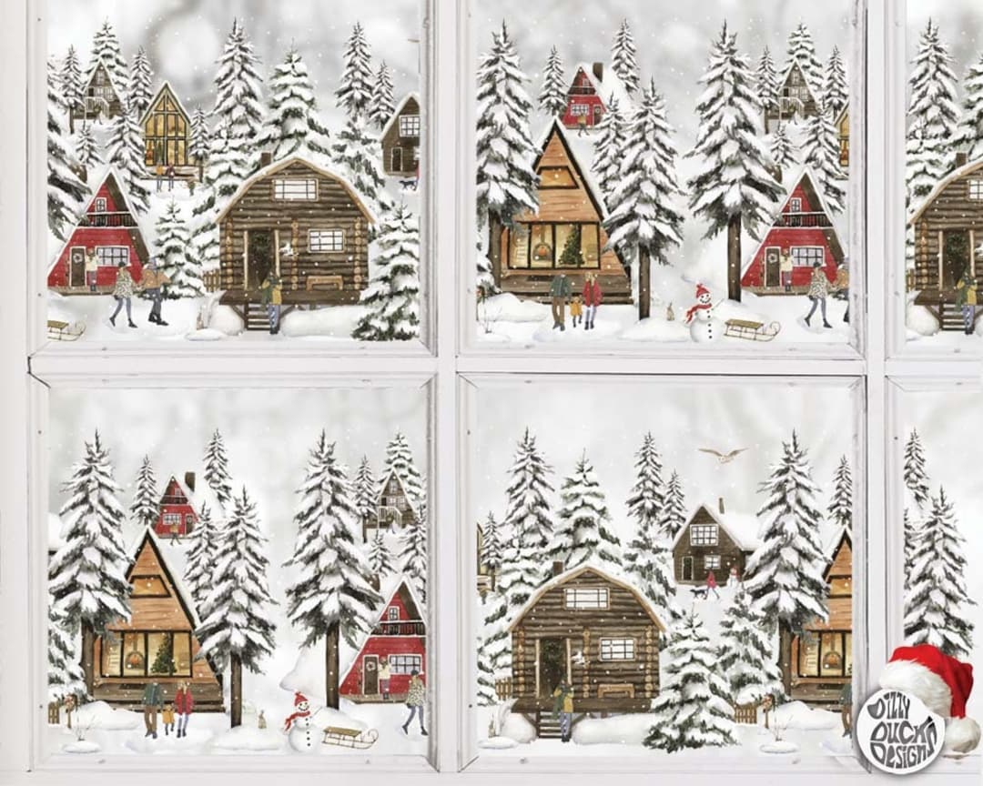Winter Window Decal - Cabins in Snowy Forest Village Scene Window ...