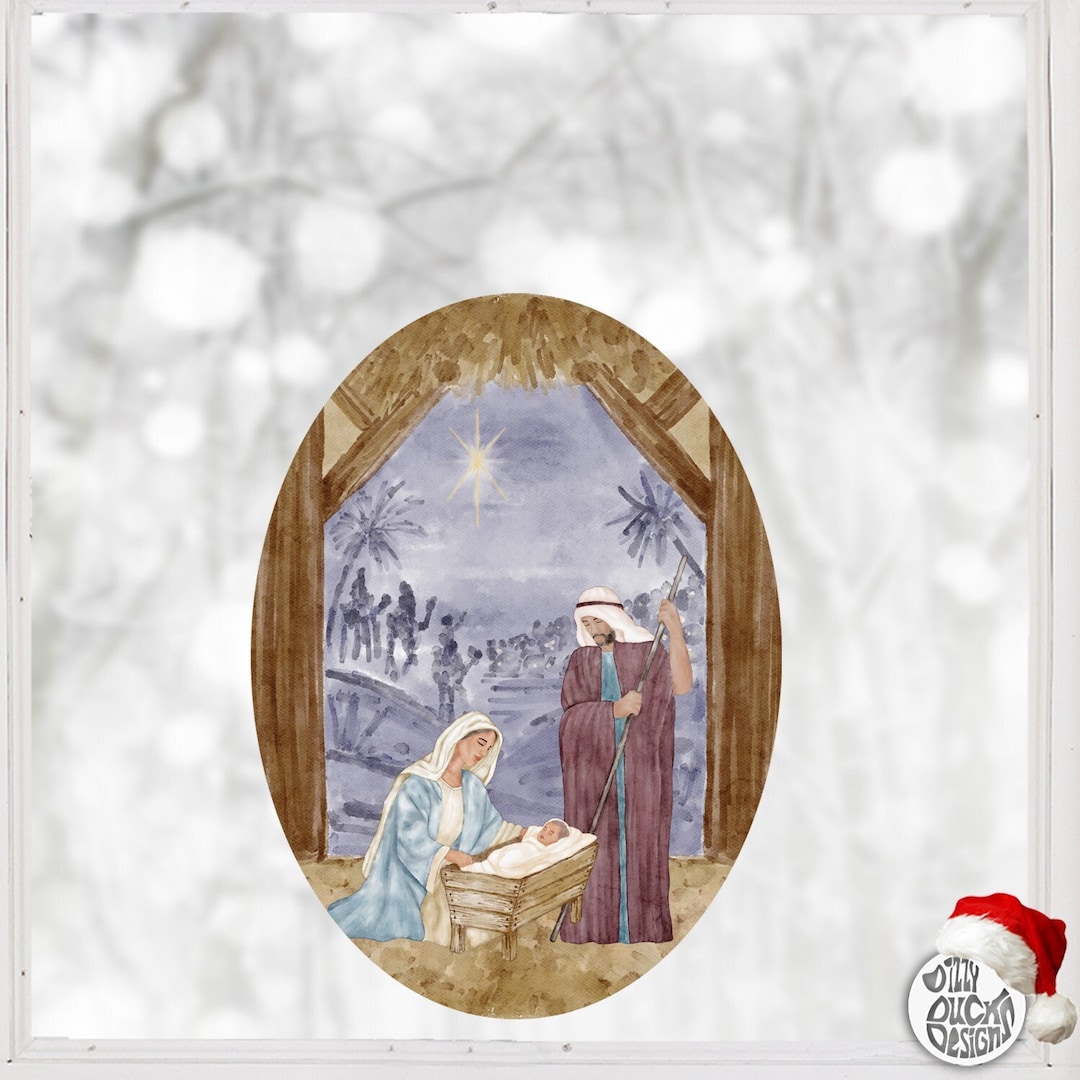 Watercolour Nativity Scene Oval Window Decal - Christmas Story Window ...