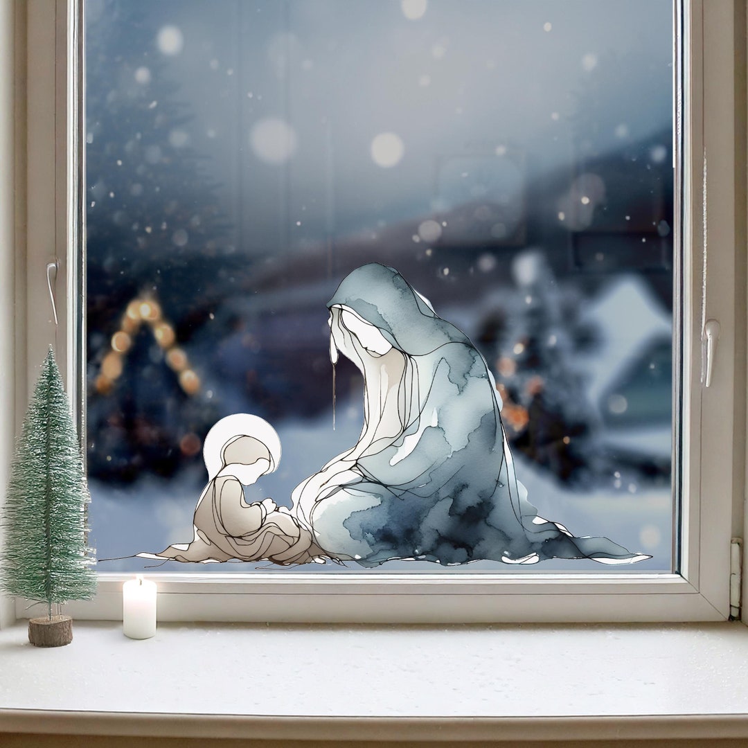 Mary and Baby Jesus Watercolour Nativity Scene Window Decal - Seasonal ...