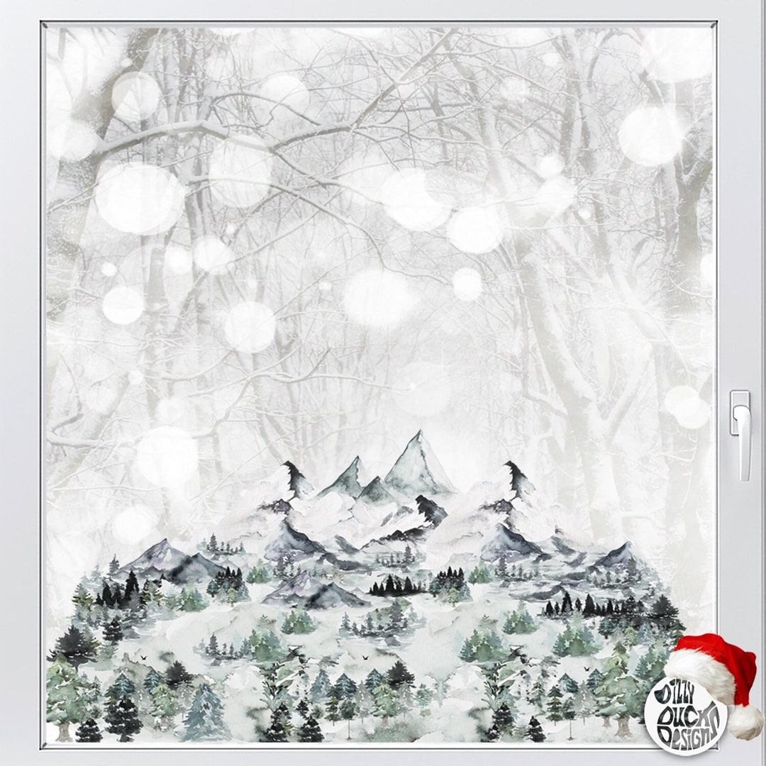 Winter Forest Mountain Scene Window Cling Decal - Nordic Green Trees ...