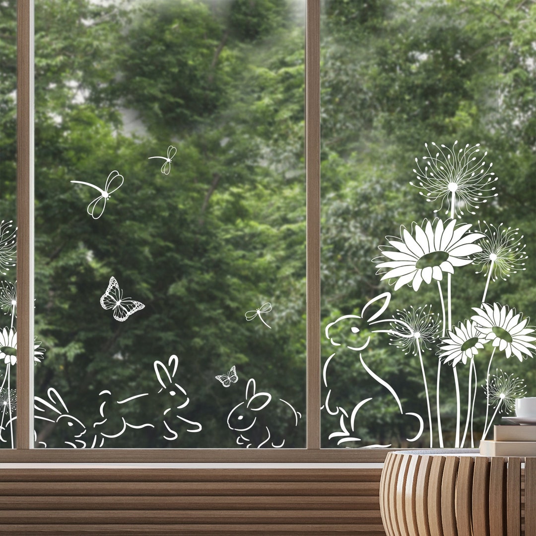 Spring Easter Bunny Window Sticker Set | Meadow & Rabbit Window Decal ...