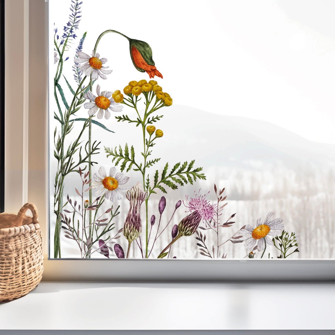 2x Flower Meadow Window Decal Corners - Decorative Botanical Floral ...