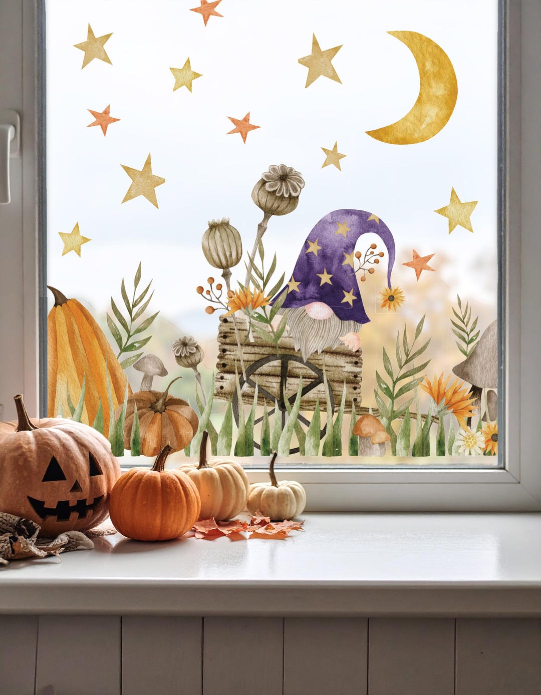 Fall Gnome Window Cling With Autumn Leaves Pumpkins Moon Stars - Cute ...