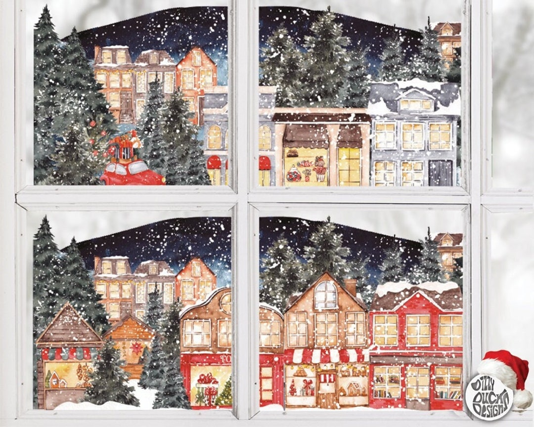 Christmas Village Scene Window Border Decal - Winter Town Houses Window ...