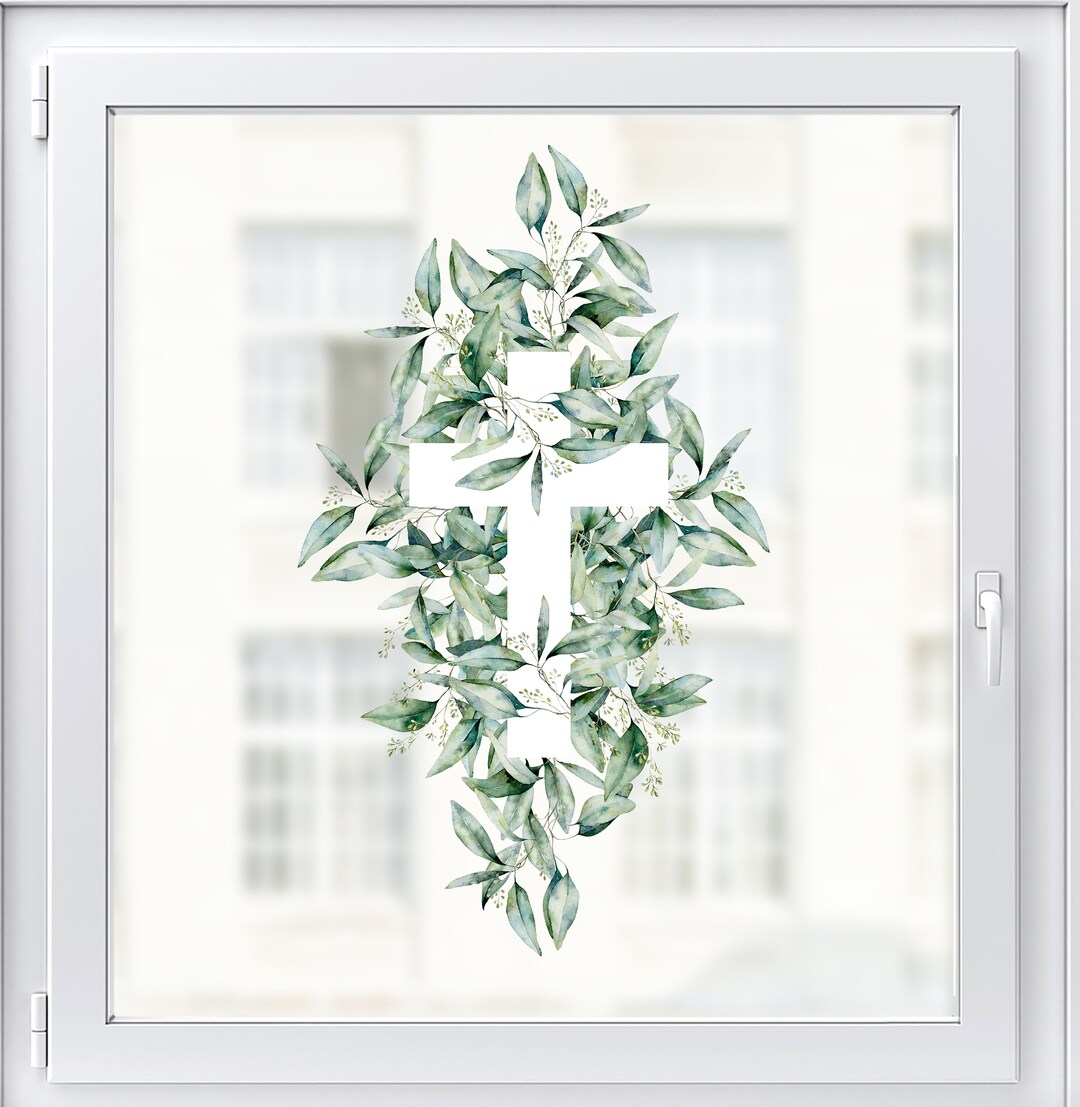 Easter Window Decal - Watercolour Eucalyptus Leaf White Cross Window ...