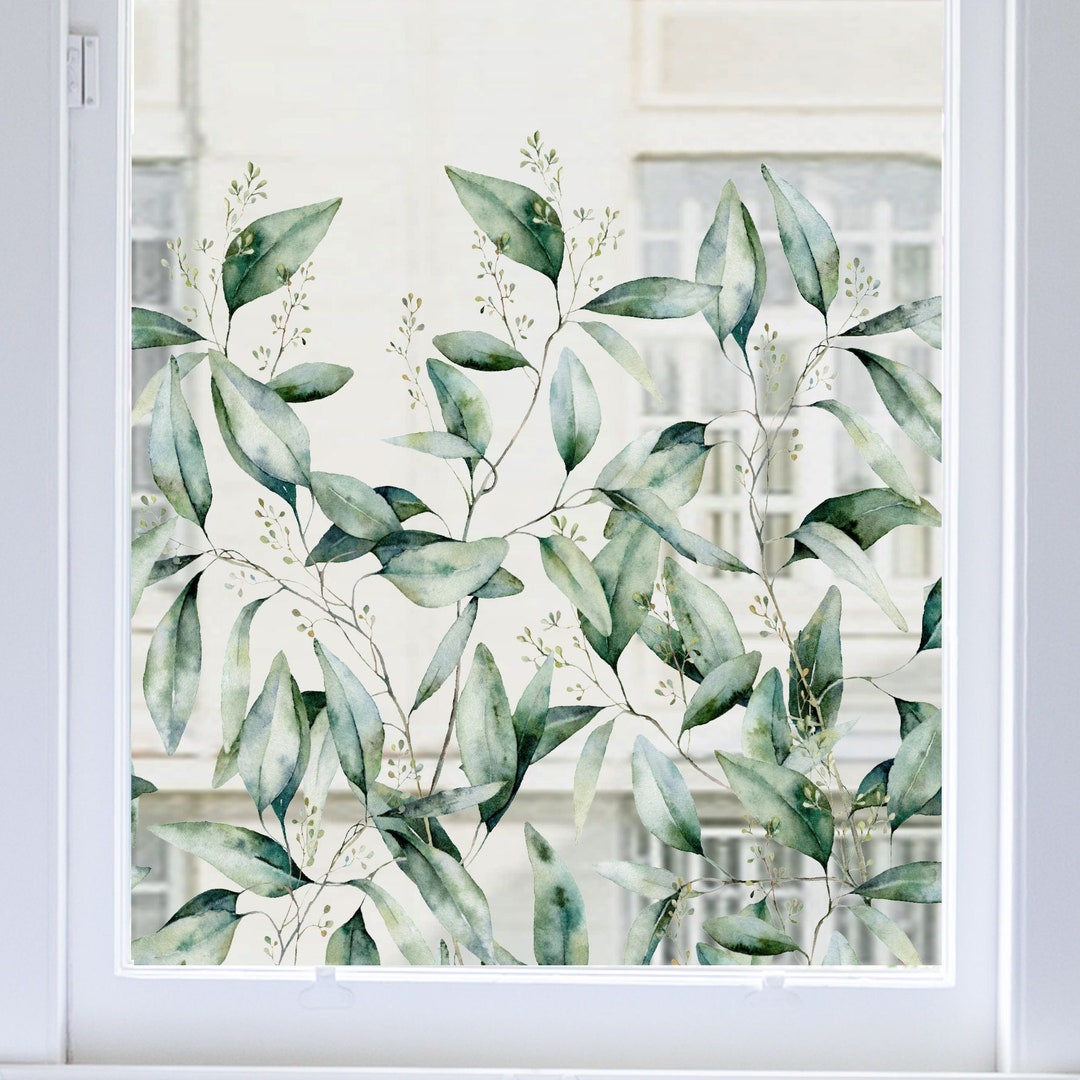 Seeded Eucalyptus Window Film Privacy Border - Watercolour Plant Leaves ...
