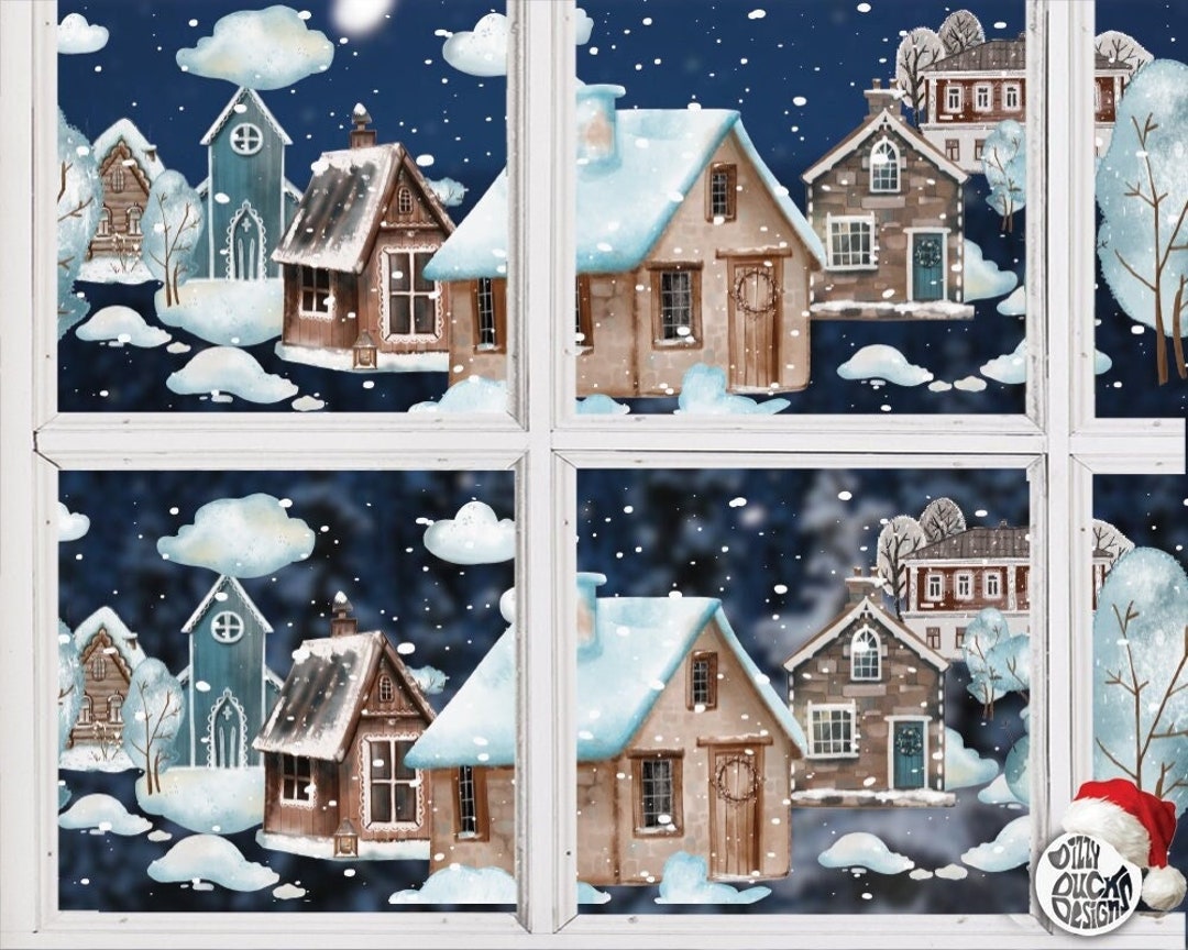 Winter Village Scene Window Decal - Vintage Christmas Snowy Scene ...