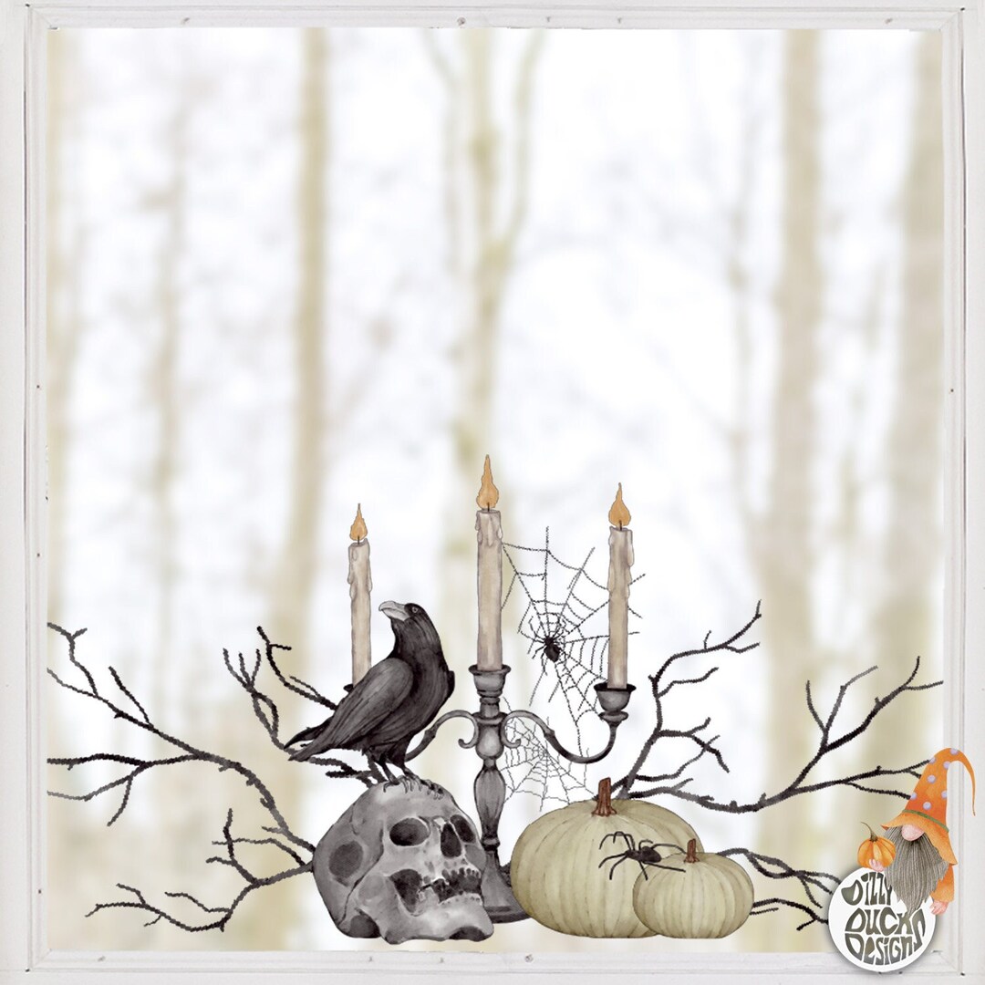 Gothic Halloween Window Sticker - Candelabra With Crow Skull and Spider ...