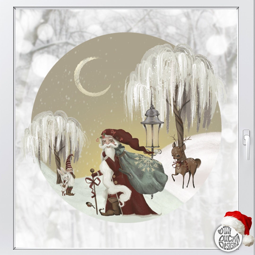 Vintage Father Christmas Window Decal - Santa Snowy Winter Scene Window ...