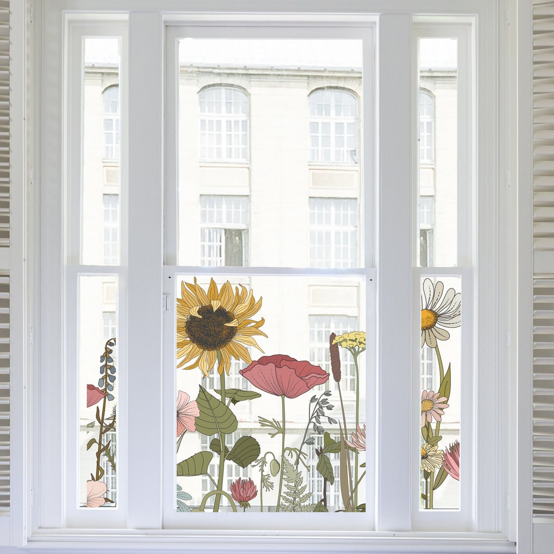 Retro Flower Window Decal Border - Non Sticky Reusable Summer Floral ...